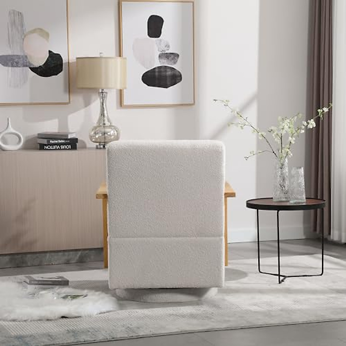 30.5" W Swivel Modern Boucle Upholstered Accent Chair with Solid Wood Armrests, Comfy Lounge Reading Chair, Side Armchair for Hotel Bedroom Living Room Office Nursery Room (Ivory)