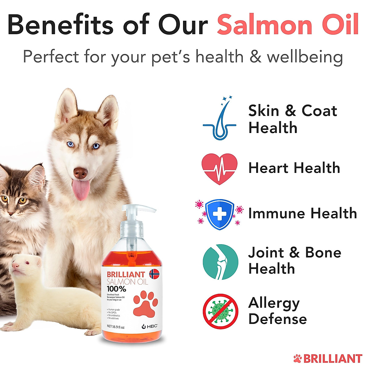 Brilliant Omega 3 Salmon Oil for Dogs & Cats - Norwegian Fish Oil Supplement with EPA & DHA Fatty Acids for Shedding, Allergy, Itching, Dry Skin & Joint Health - Skin and Coat Fish Oil Liquid, 40 Oz