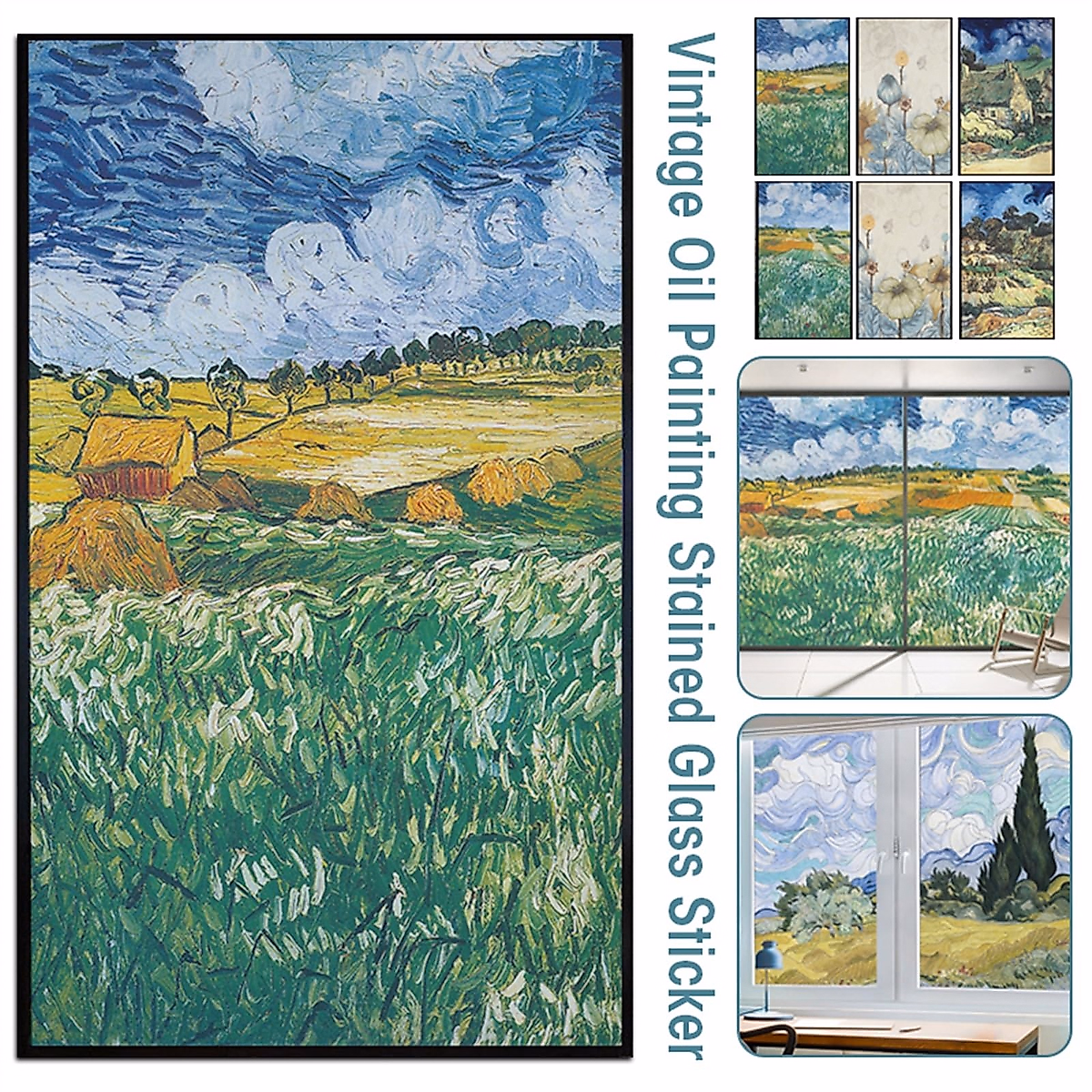 Window Privacy Film Opaque Window Stickers European Style Stained Glass Film Art Village Oil Painting Pattern Frosted Window Stickers PVC Static Cling Privacy Film Decor Glass Window Decals (Color :