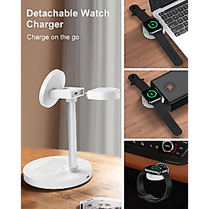 FutureCharger for MagSafe Charger Stand - 3 in 1 Wireless Charging Station for Apple Devices, for iPhone 15/14/13/12 Series, for iWatch/Airpods, Aluminum Alloy Rod, Leather Pad, White