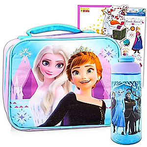 Walt Disney Studio Disney Frozen Lunch Bag Bundle For Girls, Kids ~ Frozen Lunch Box Set Featuring Anna And Elsa With Water Bottle, Frozen Bookmark, Stickers, And More (Frozen School Supplies)