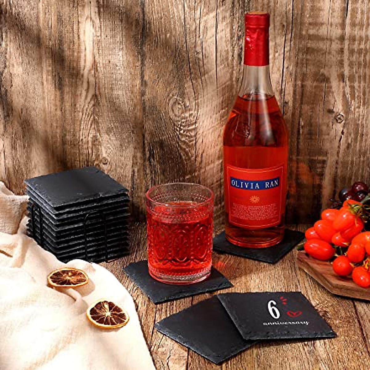 36 Pieces Black Slate Coasters Bulk with Holder Square Stone Coasters for Drinks 4 Inch Rustic Handmade Bar Coasters Set with Anti Scratch Bottom for Coffee Home Table Kitchen