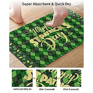Geometry Bath Mat for Tub,Non Slip Bathroom Floor Runner Rug Quick Dry & Absorbent Diatomaceous Earth Kitchen Room Shower Sink Washable Doormat,St. Patrick's Day Checkered Clover Irish Green 18"x30"