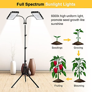 Gilouppe Grow Lights for Indoor Plants, 120 LEDs 6000K Full Spectrum Growing Lamp with Adjustable Tripod Stand 16-63", Dual Heads Plant Light for Indoor Plants with Auto On/Off Timer, 3 Switch Modes