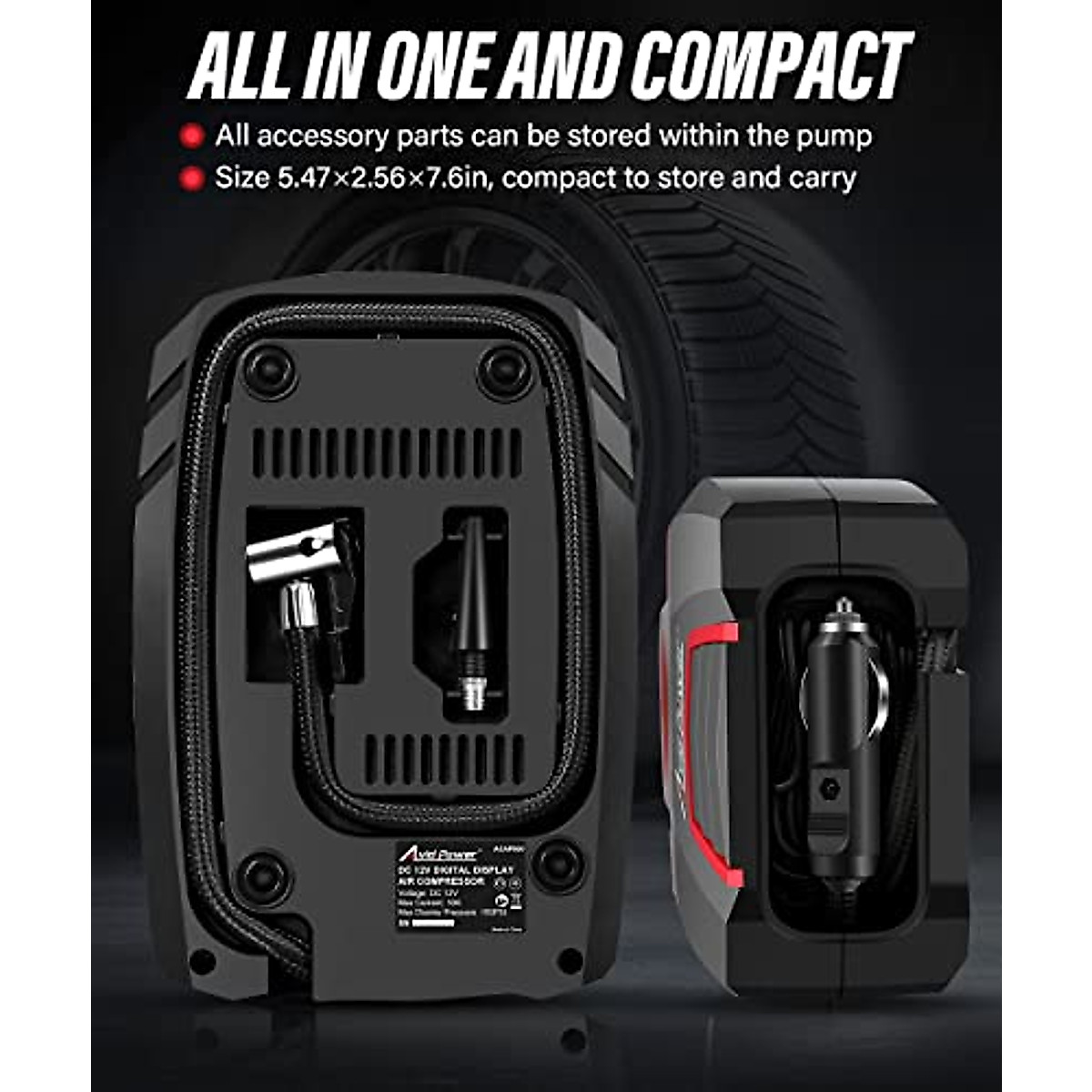 Avid Power Tire 12V Air Compressor w/Digital Pressure Gauge, Car Pump w/LED Light, Auto Shut-Off DC Tire Inflator for Car, Bicycles, Balls and Other Inflatables