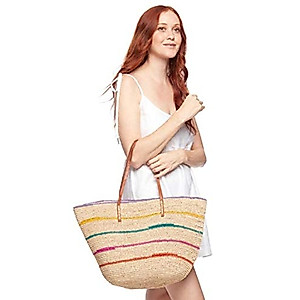 Mar Y Sol Cielo Striped Crocheted Raffia Straw Carryall Tote Bag, Natural/Multi