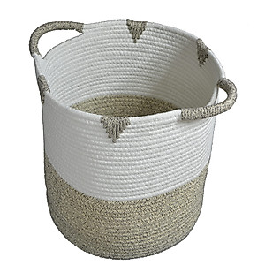 Cotton Rope Woven Storage Basket,2-Pack 12x12x14 Round Organizer Baskets,With Handles Foldable basket For kids& Pets ,Toy, Towels, Blanket ,Clothes.Decorative Basket for Living Room (White&Brown)