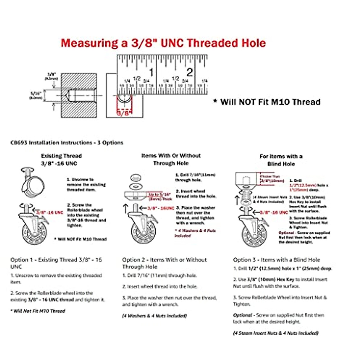 Slipstick CB693 Premium 3 Inch Rubber Caster Wheels with Brake (4 Pack) Replacement Rollerblade Style Swivel Casters with 3/8”– 16x1” Threaded Stem, Includes Mounting Hardware, Black/Clear Castor