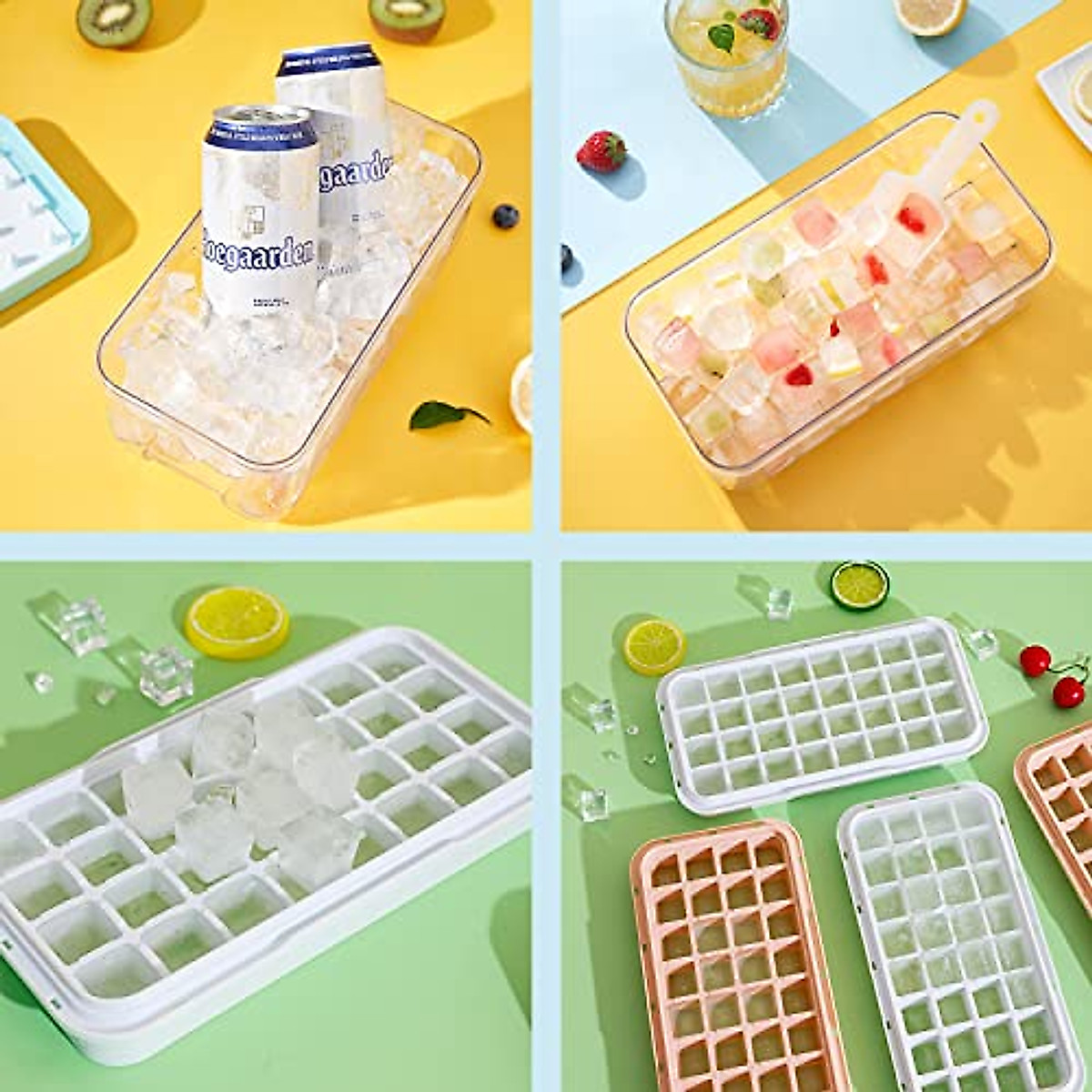 Silicone Ice Cube Tray with Lid and Bin for Freezer, Easy Release & Stackable, BPA Free, Small Ice Cube Tray Mold Making 64 Pieces for Cocktails, Whiskey, Chocolate Tea Coffee