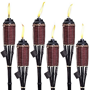 Backyadda Bamboo Tiki Torches for Outside with Extra-Large (16oz) Metal Canisters and Fiberglass Wicks for Longer Lasting Burn. Stands 59" Tall. Multiple Styles Available. (Burnt Sienna, 6 Pack)
