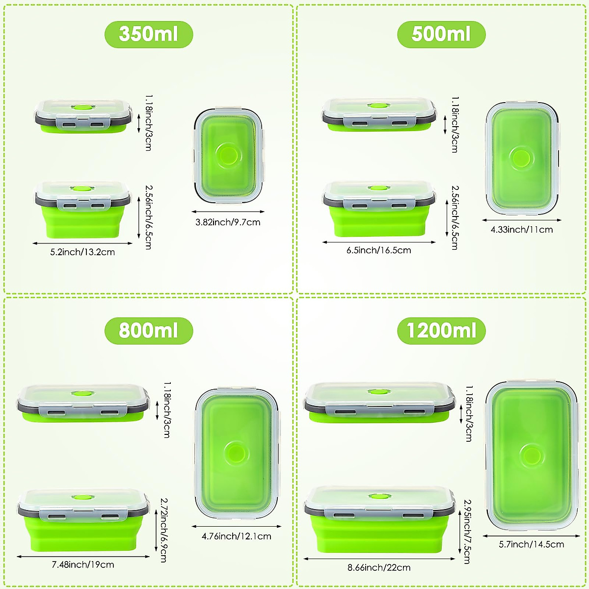 Dandat 16 Pcs Collapsible Food Storage, Silicone Food Storage Containers with Lids Including 8 Round Bowls, 8 Rectangle Bowls Collapsible Freezer Bowls Sets for Dishwasher (Green)