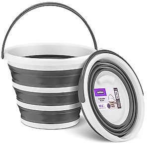 Superio Collapsible Bucket 2 Gallon Bucket with Handle Grey Car Wash Bucket Small Foldable Silicone Pail for Camping, Fishing, Cleaning, Mopping, 10 Liter, 4