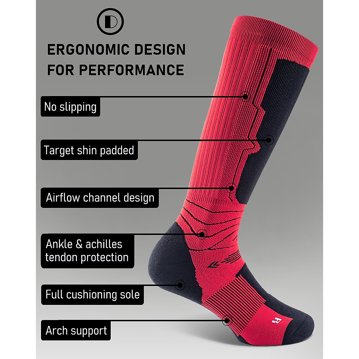 SITOISBE Men's Ski Socks Merino Wool (Pack of 2) for Skiing, Snowboarding, Snow Boots, Winter Warm, Toe Thermal, Shin Padded, Comfy Cushion, Knee High, Cold Weather Long Socks, Small, Red
