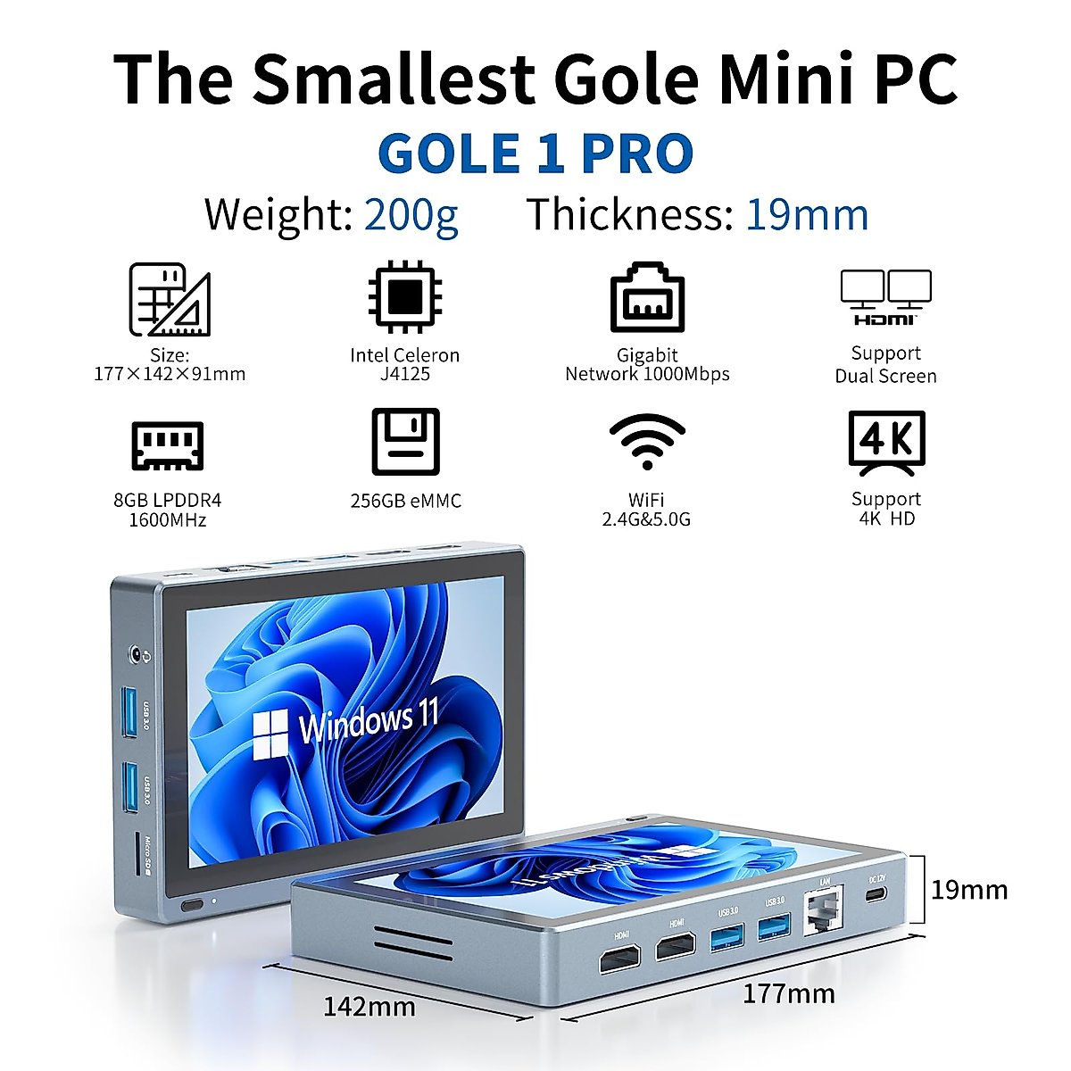 HIGOLEPC Mini PC Windows 11 PRO,Celeron J4125 Mini Computer,8GB DDR,256GB EMMC,Mini PC with Screen,Micro PC Support 4K HDMI Double Display,WiFi 5.0, BT4.2, Gigabit Ethernet
