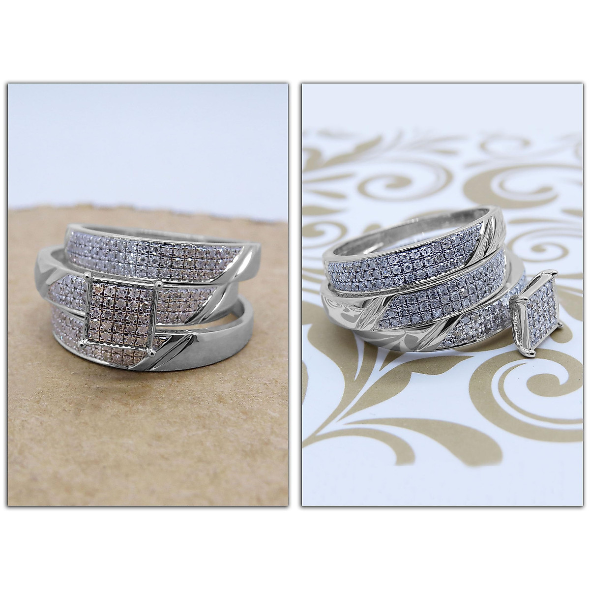 Dazzlingrock Collection Round White Diamond Engagement Ring Trio Ring Set for Unisex (0.65 ctw) in 925 Sterling Silver, W-7 and M-12.5