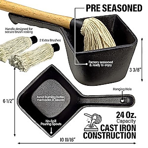 Cast Iron Sauce Pot with BBQ Mop Brush – Small Cast Iron Basting Pot & Mop Brush for Grilling, Smoking, and Saucing – BBQ Mop Brushes for Sauce, 24 Oz
