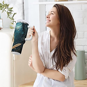 Maunzc 30 oz Tumbler with Handle and Straw, Insulated Stainless Steel Travel Mug with Lid for Coffee, Iced Tea, Water, Gift for Men Women (Owl Quill Night)