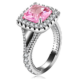 Uloveido Platinum Plated Simulated Pink Topaz Filled Halo Promise Ring for Her, Big Pink Stone Split Shank Square Rings Solitaire Y586 (Size 9)