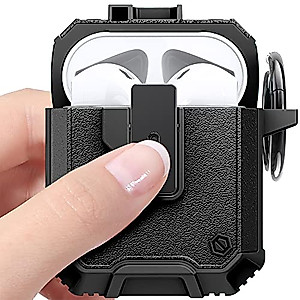 Jusy Military Case Compatible with Airpods 1&2, Rugged Protective Cover with Keychain Clip Accessories, Full Body Shockproof Heavy Duty Hard Skin Wireless Charging (Black)