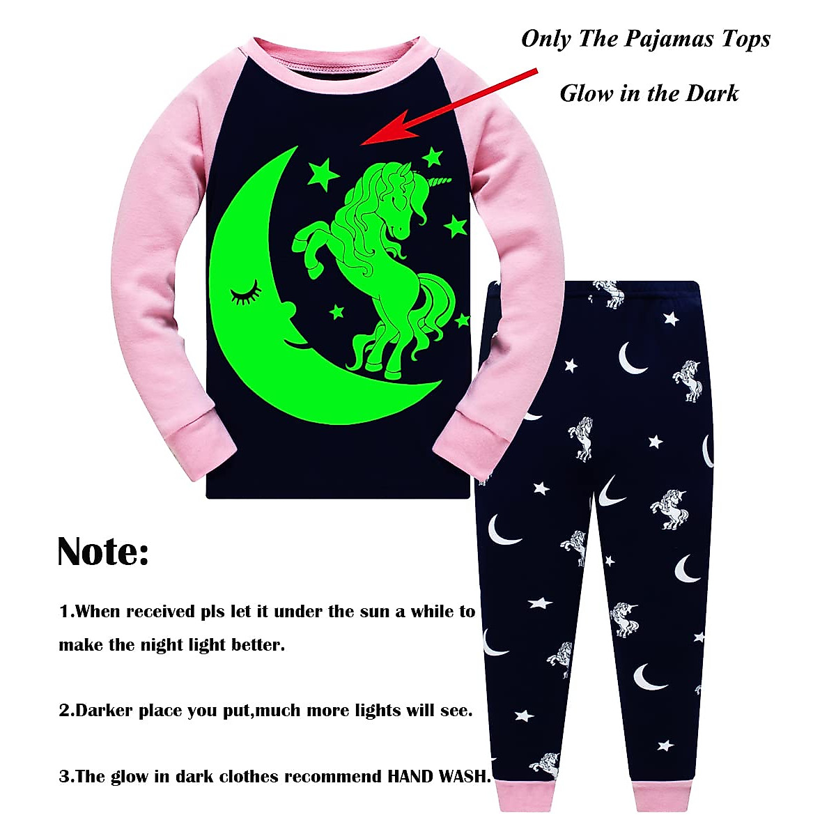 Girls Unicorn Pajamas Glow in the Dark Two Piece Long Sleeve Cotton PJs Toddler Girl Unicorn Shirt Kids Sleepwear 6t/6206