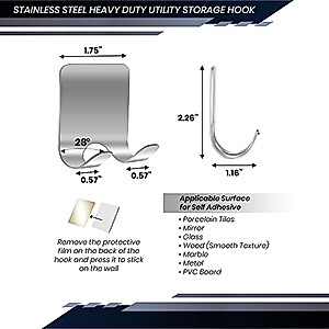 Performore 2 Pack of Stainless Steel Double Hook Hangers with Flat Back and 3M Foam Adhesive, Adhesive Shower Hooks, Razor Holder, Towel Hangers for Bathroom or Kitchen Wall