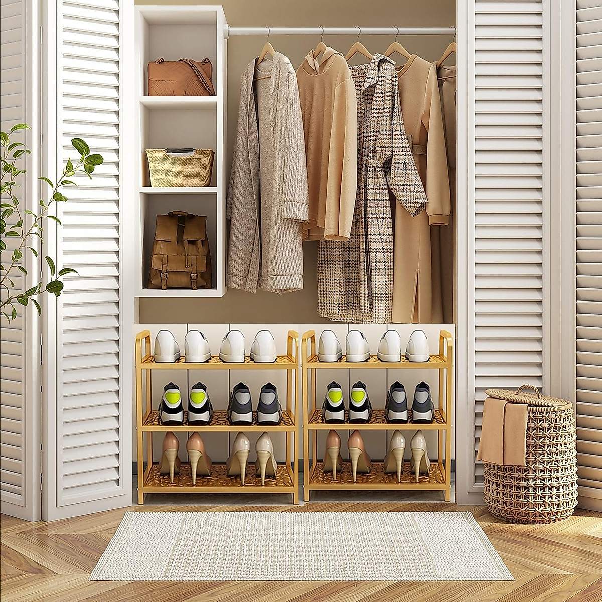 CBBZJY Metal Shoe Rack Organizer Vertical Design Entryway Storage Cabinet for Entrance or Kitchen Small and Narrow Free Standing Gold (3-Tier)