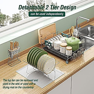 Youvip Dish Drying Rack for Kitchen Counter, 2 Tier Dish Racks with Drainboard Set, Dish Drainers with Utensil Holder, Cups Holder, Kinfe Block and Drying mat