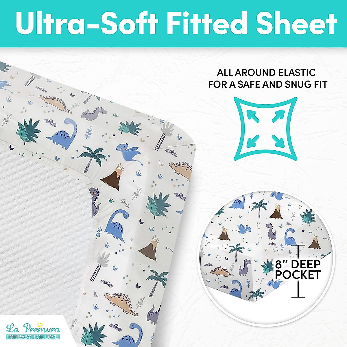 La Premura Baby Crib Bedding Set for Boys – Dinosaur 3 Piece Standard Size Nursery Crib Comforter Set, Grey/Blue - Unisex Baby Nursery Bedding and Neutral Decor