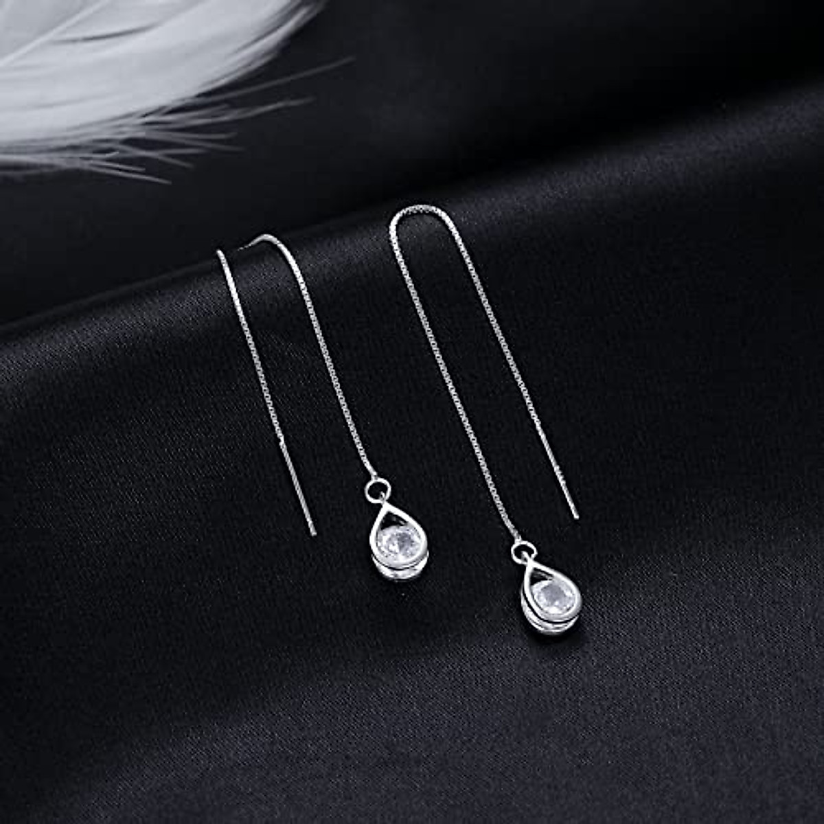Reffeer Solid 925 Sterling Silver CZ Droplet Chain Dangle Earrings for Women Teen Girls Tassel Dangle Earrings Threader (A-Silver)