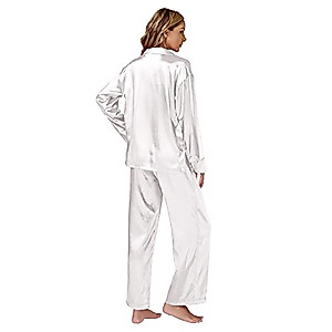LYANER Women's Satin Silky Pajama Set Long Sleeeve Top With Long Pants Set PJ Loungewear White Small