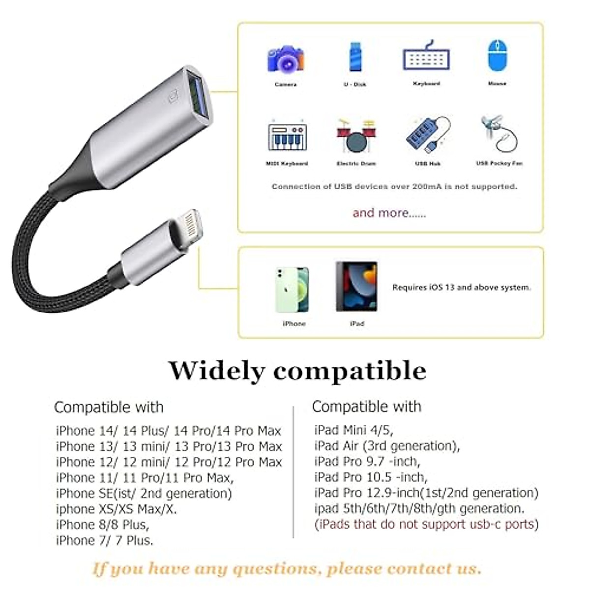 IVSHOWCO Lightning to USB Adapter [Apple MFi Certified], USB Camera Adapter for iPhone, iOS OTG Cable Adapter, Supports USB Flash Drive, Card Reader, Mouse, Keyboard