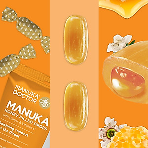 Manuka Doctor Cough Drops, Manuka Middles, 30 Count Honey Filled Lozenges with Vitamin C and Ginger to Help Support the Immune System, Soothing for Dry, Sore Throat, 4.7 oz