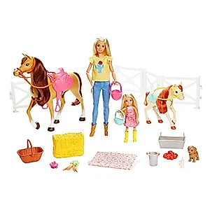 Barbie Playset and Chelsea Blonde Dolls, 2 Horses with Bobbling Heads and 15+ Toy Accessories That Include Corral Fencing, Feeding, Grooming, Nurturing and Horseback Riding Pieces