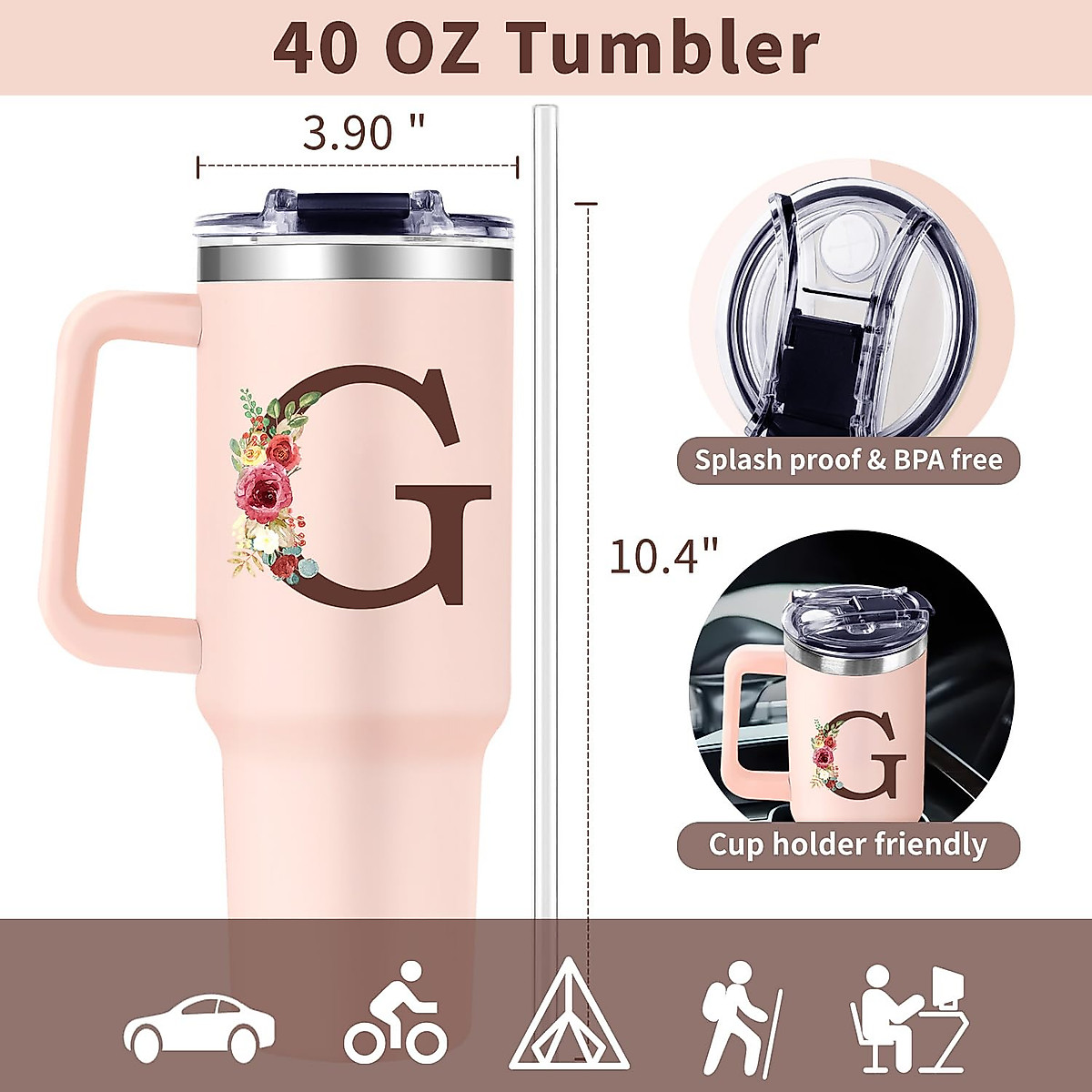 Monogrammed 40oz Tumbler with Handle for Women, Personalized Birthday Gifts for Women,Initial Cups for Woman Floral Letter G,Customized Gifts for Female Lady Gift for Mothers Day Christmas