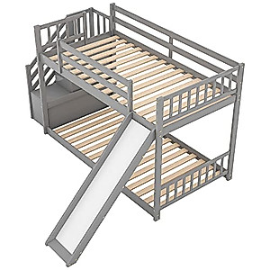 Merax Twin Over Twin Bunk Bed with Slide and for Storage Staircase for Teens, Boys or Girls, No Box Sping Needed