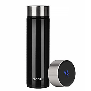 Aichiw Water Bottle Vacuum Insulated Multifunctional Portable Mug With Temperature Display Stainless Steel Cup for Travel Outdoor (16 Ounce Black)