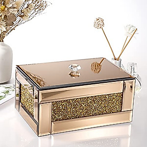 Hipiwe Glass Mirrored Jewelry Box with Crushed Diamond Decor Jewelry Trinket Organizer Box Keepsake Box Treasure Chest Case for Rings Earrings Necklace Storage Box (Large, Gold)