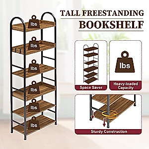 DSHADE Tall Book Shelf 6-Tier Bookshelf Industrial Style Metal Bookcase Open Bookshelf with Round Top Frame Adjustable Foot Pads Shelves for Home Office Living Room Bedroom (Brown)
