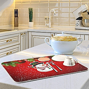 Christmas Dish Drying Mat, Red Christmas Snowman Dish Mat for Kitchen Countertops Sinks Drying Mat Absorbent Heat Resistant Dishes Drainer Pad 18 x 24 Inch