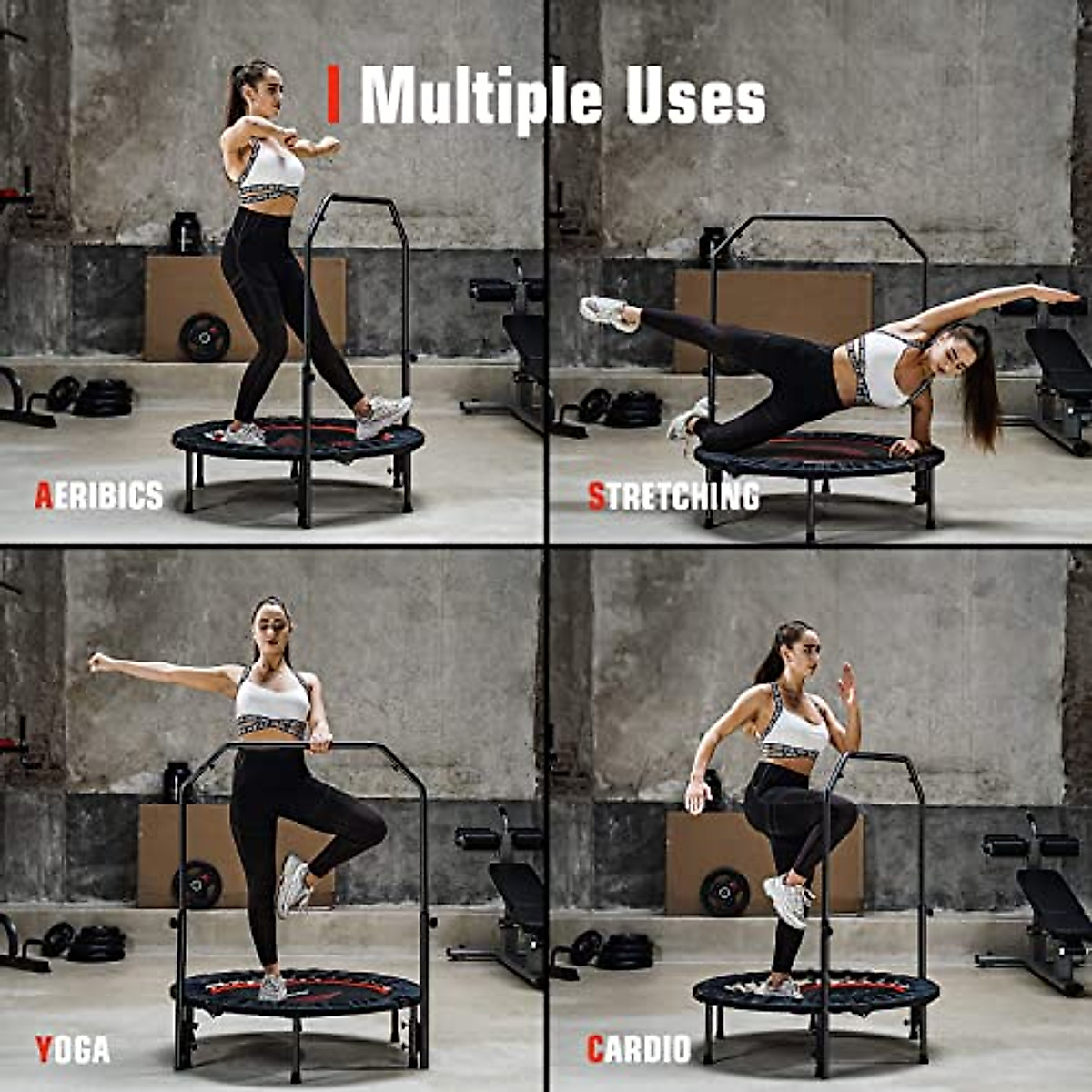 Pelpo 38"/40"/45" Folding Mini Trampoline,Exercise Trampoline with Adjustable Foam Handle, Rebounder Trampoline for Adults Fitness, Indoor Trampoline for Bounce Workout Max Load 330lbs, Black