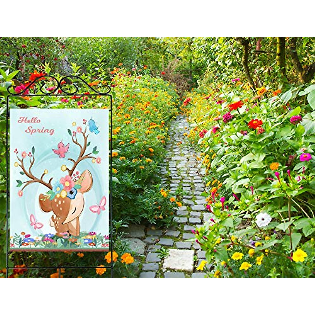 Hello Spring Flag,Spring Garden Flag Double Sided Welcome Burlap Seasonal Elk Spring House Flags 28x40 Inch Summer Yard Signs Outdoor Decor for Homes,Gardens, Patio or Lawn with 2 Grommets