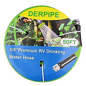 DERPIPE Heavy Duty Garden Hose - 5/8" x 50 ft, Flexible and Kink Resistant RV Safe Drinking Water Hose, with 3/4" GHT Solid Aluminum Connector