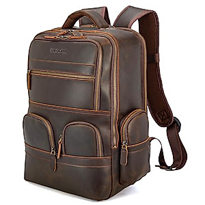 Polare Full Grain Leather 17.3 Inch Laptop Backpack 29L Large Business Overnight Weekender Rucksack Vintage Multi Pockets Travel Computer Bag
