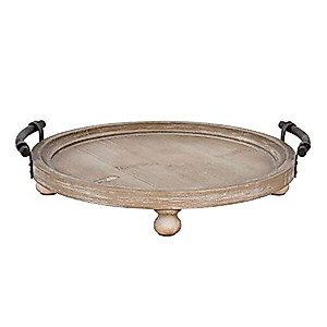 Kate and Laurel Bruillet Round Wooden Footed Tray with Handles, 15 inch Diameter, Rustic Finish