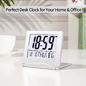 KANBIT Small Digital Travel Alarm Clock Battery Operated, Portable Large Number Display Loud Alarm Clock with Temperature, Night Backlight, 12/24 H Desk Clock -Silver (White Light)
