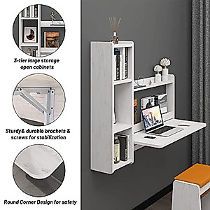 Pmnianhua Floating Desk,Wall Mounted Laptop Computer Desk Folding Wall Table Desk Workstation with Storage Shelves for Wall Bedroom Small Space (Grayish-White-Left)