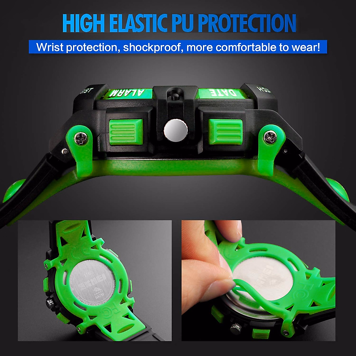 Kid's Digital Watch LED Outdoor Sports 50M Waterproof Watches Boys Children's Analog Quartz Wristwatch with Alarm - Green