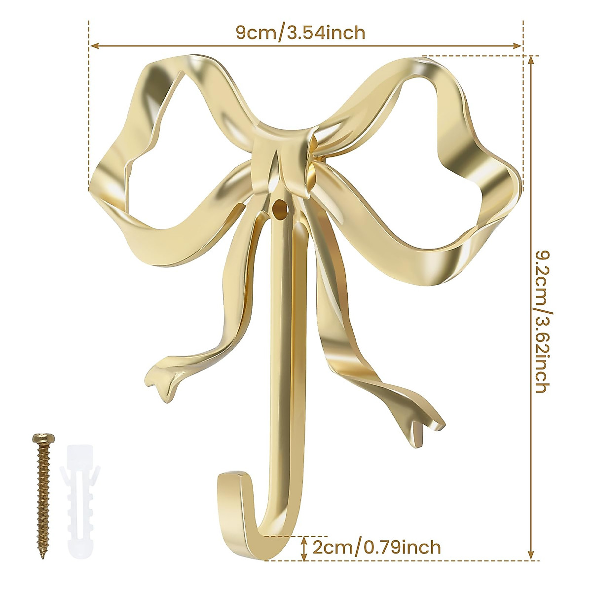 2 Pcs Bow Hook Towel Robe Hook, Decorative Bowknot Hanger Gold Towel Hook Multi-Purpose Bow Shaped Hat Hooks Brass Wall Hook Wall Hanging Towel Hook for Bathroom Bedroom Bathrobe, 3.6 x 3.5 x 0.8 in
