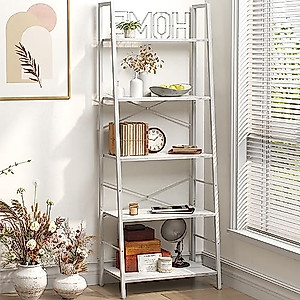 Yusong Ladder Shelf,Industrial 5-Tier Bookshelf,Free Standing Bookcase,Utility Organizer Shelves for Plant Flower,Wood Look Accent Furniture with Metal Frame for Home Office, (White)