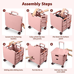 Foldable Utility Cart Collapsible Portable Tool Cart with Wheels Tote Basket,176LBS Load Capacity,Magnetic Lid Telescopic Cover with 360° Wheels Telescoping Handle for Grocery Laundry Luggage,Pink